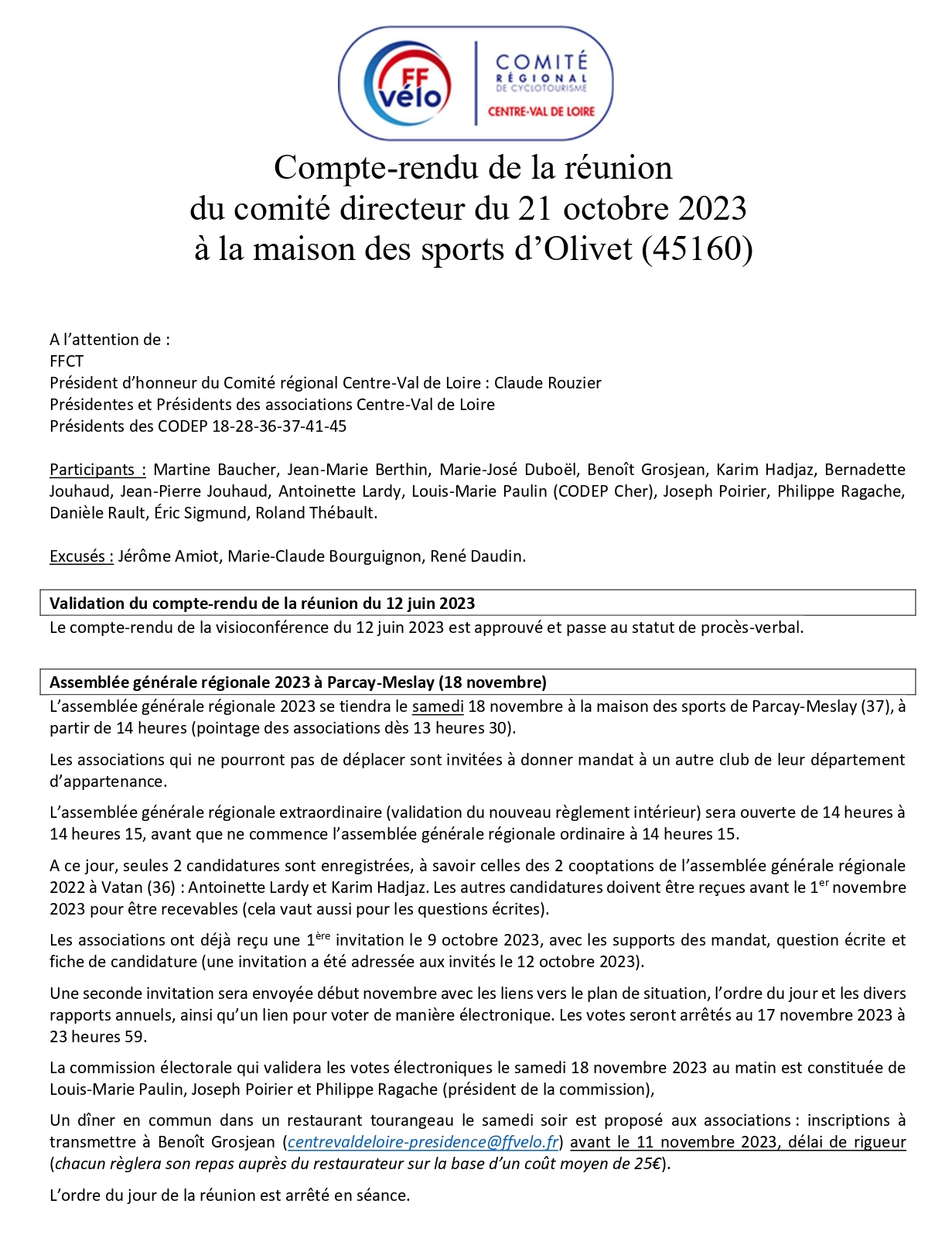 Compte rendu de la réunion CoReg du Comité Directeur du 21 octobre 2023 ...
